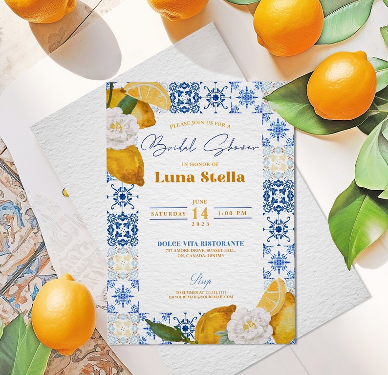 Italian Lemon Bridal Shower Invitation: Blue Tile Positano Theme ...