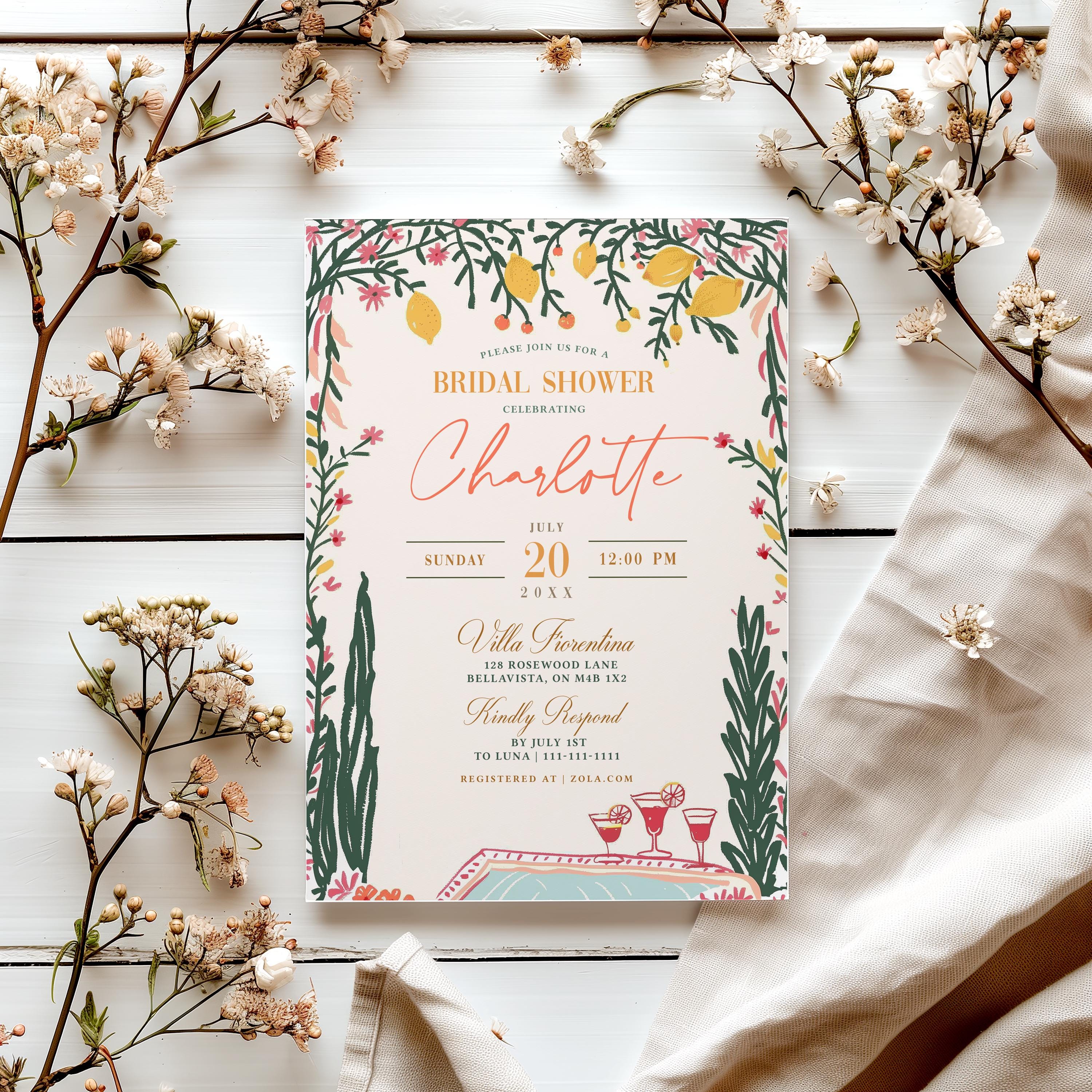 Italian Spritz Bridal Shower Invitation: Lemon Citrus Watercolor ...