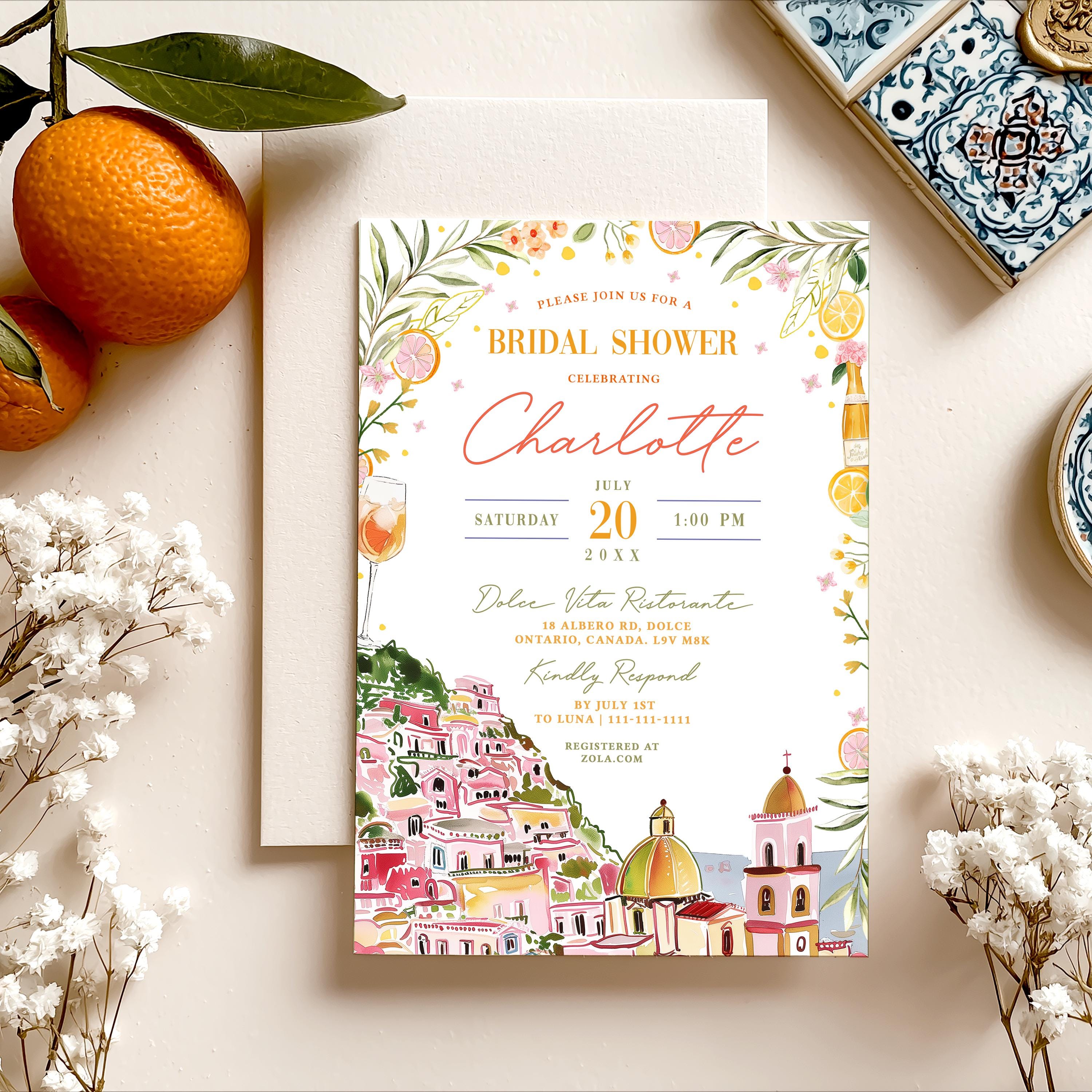 Italian Bridal Shower Invitation: Spritz & Orange Watercolor (digital ...