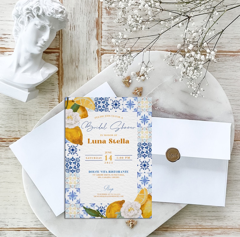 Italian Lemon Bridal Shower Invitation: Blue Tile Positano Theme ...