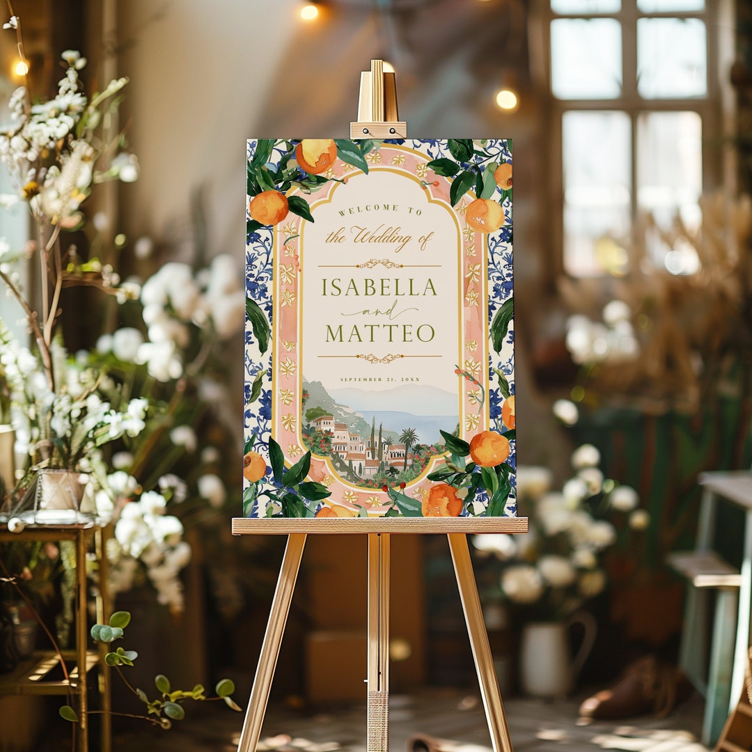 Italian Style Wedding Welcome Sign, Taormina Sicily Oranges & Blue ...