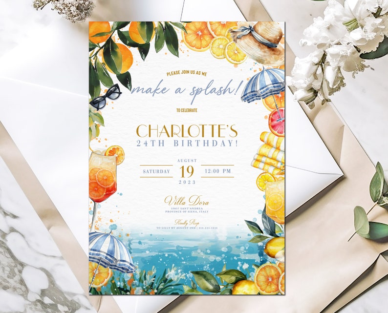 Italian Style Pool Party Invite Birthday Pool Party Spritz - Etsy