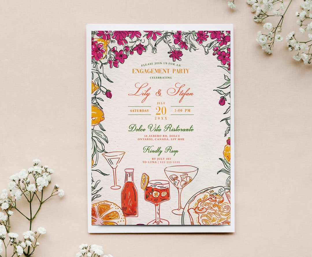 Artsy Drawn Italian Style Engagement Party Invite, Italy Themed Invite ...