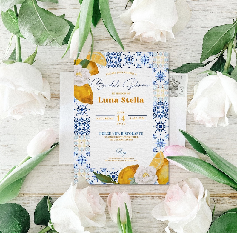 Italian Lemon Bridal Shower Invitation: Blue Tile Positano Theme ...