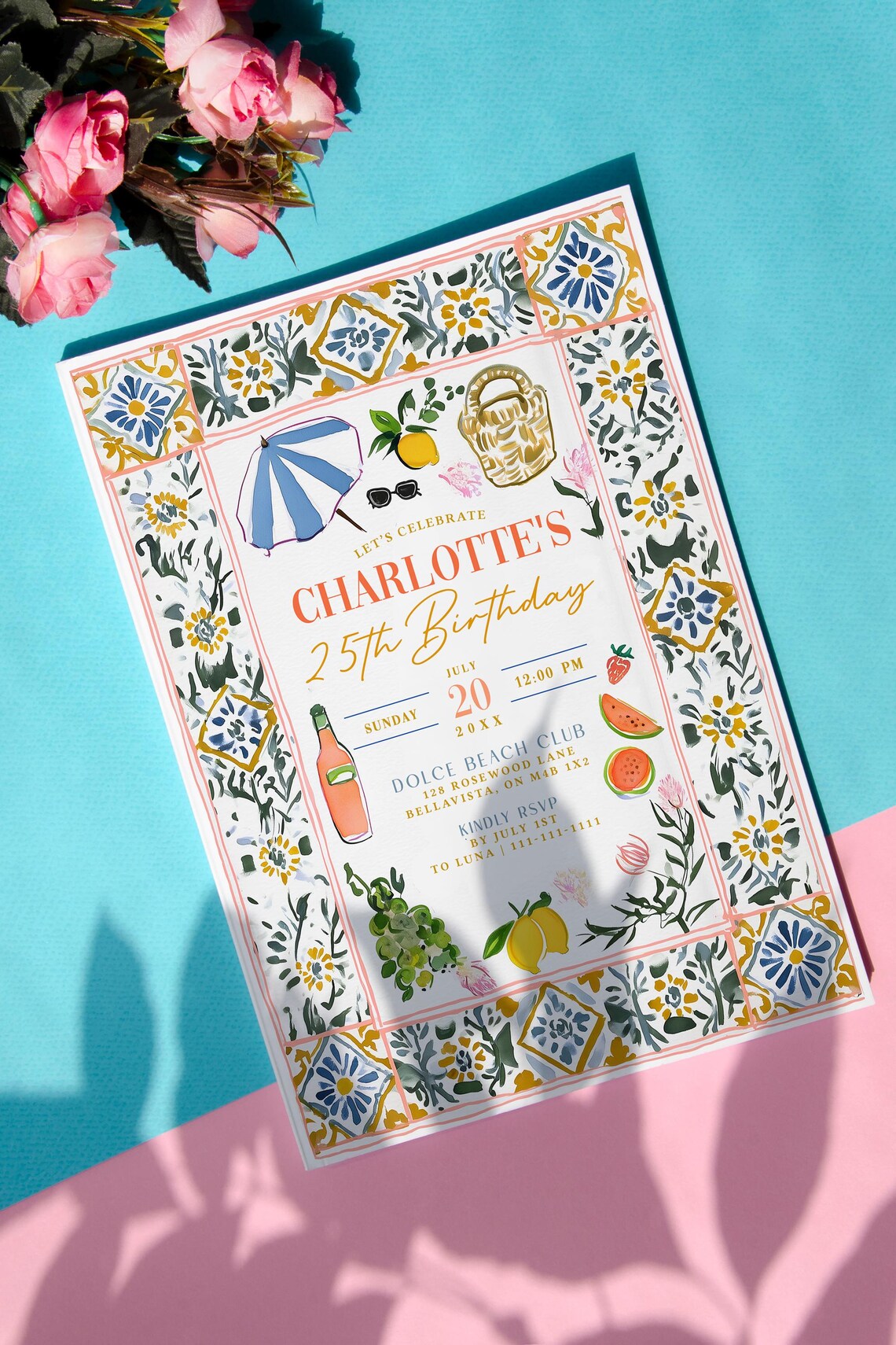 Italian Majolica Tiles Birthday Party Invitation: Lemon Beach Theme ...