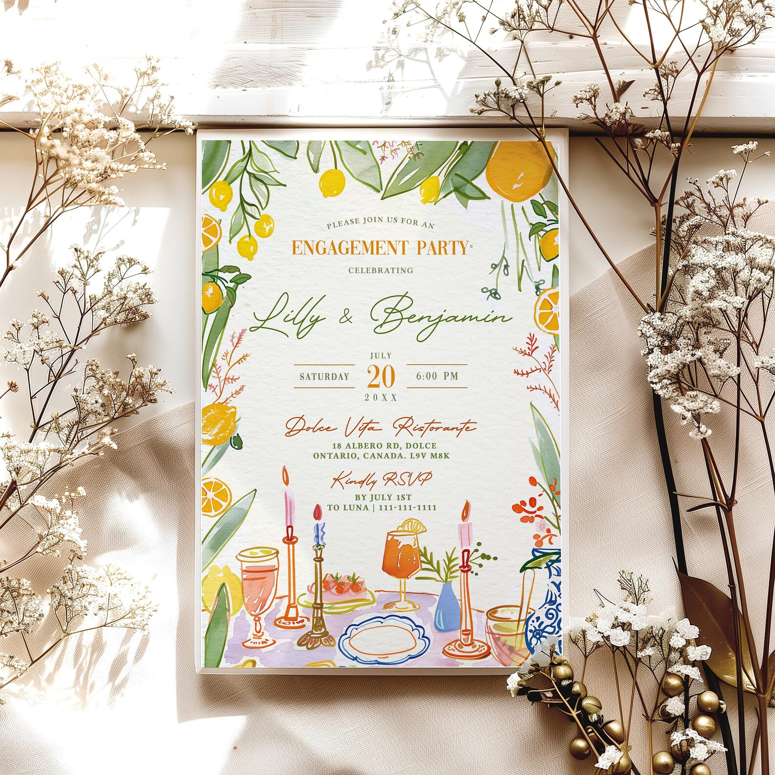 Italian Lemon Engagement Party Invite: Hand-drawn Spritz Theme (digital ...