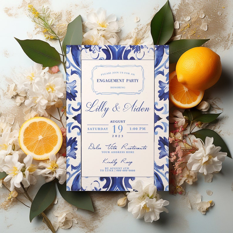Blue Majolica Tile Engagement Party Invite: Italian Theme (digital ...