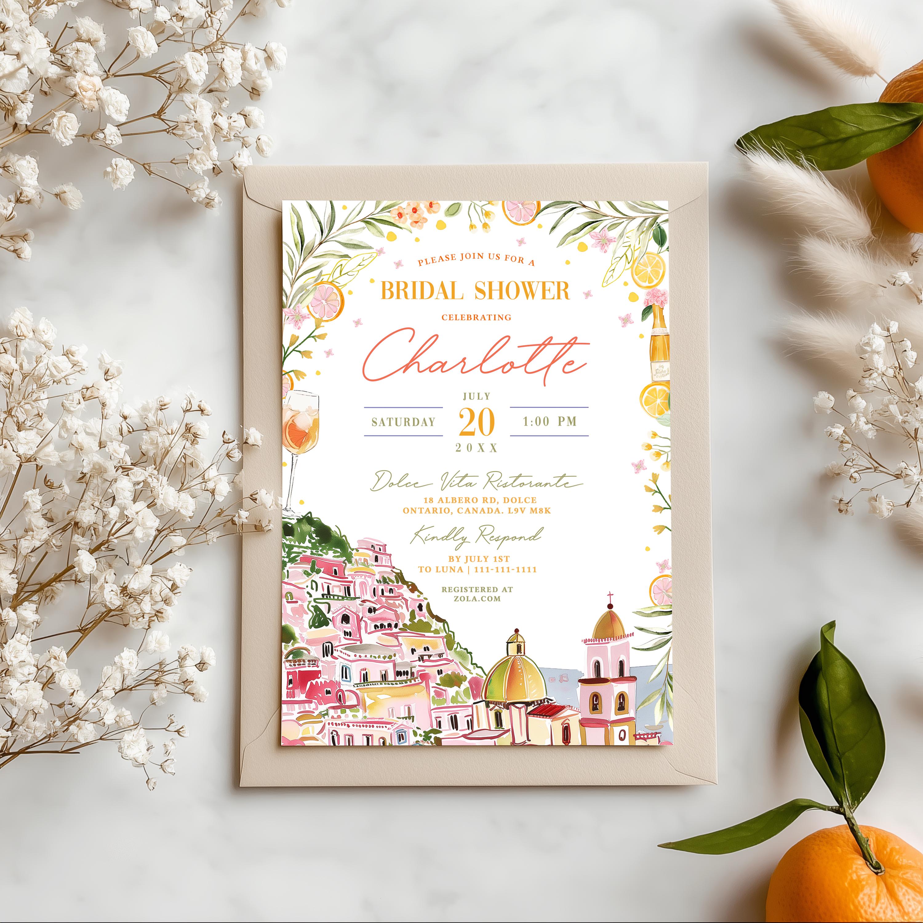 Italian Bridal Shower Invitation: Spritz & Orange Watercolor (digital ...