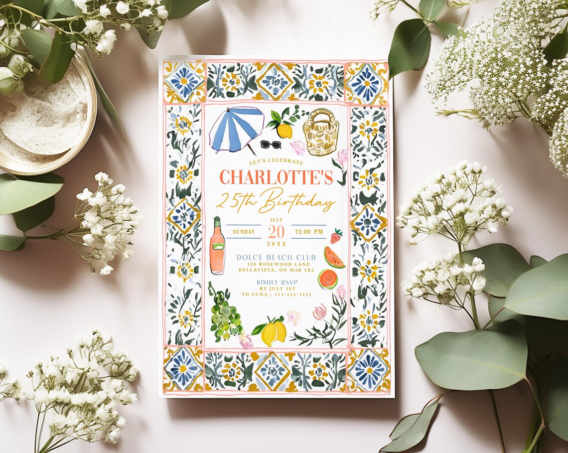 Italian Majolica Tiles Birthday Party Invitation: Lemon Beach Theme ...