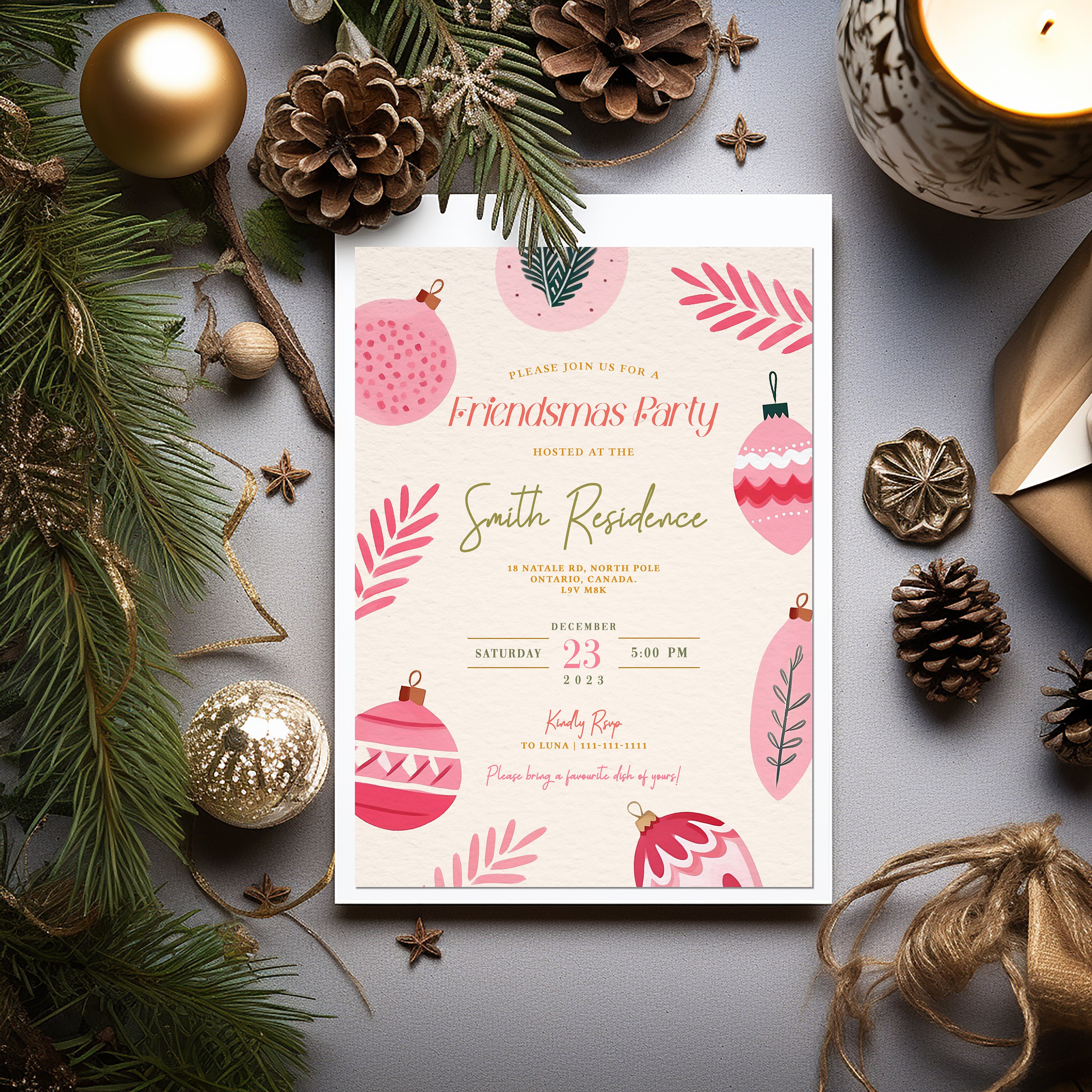 Pink Girly Christmas Party Invite, Friendsmas Pink Ornaments Party ...