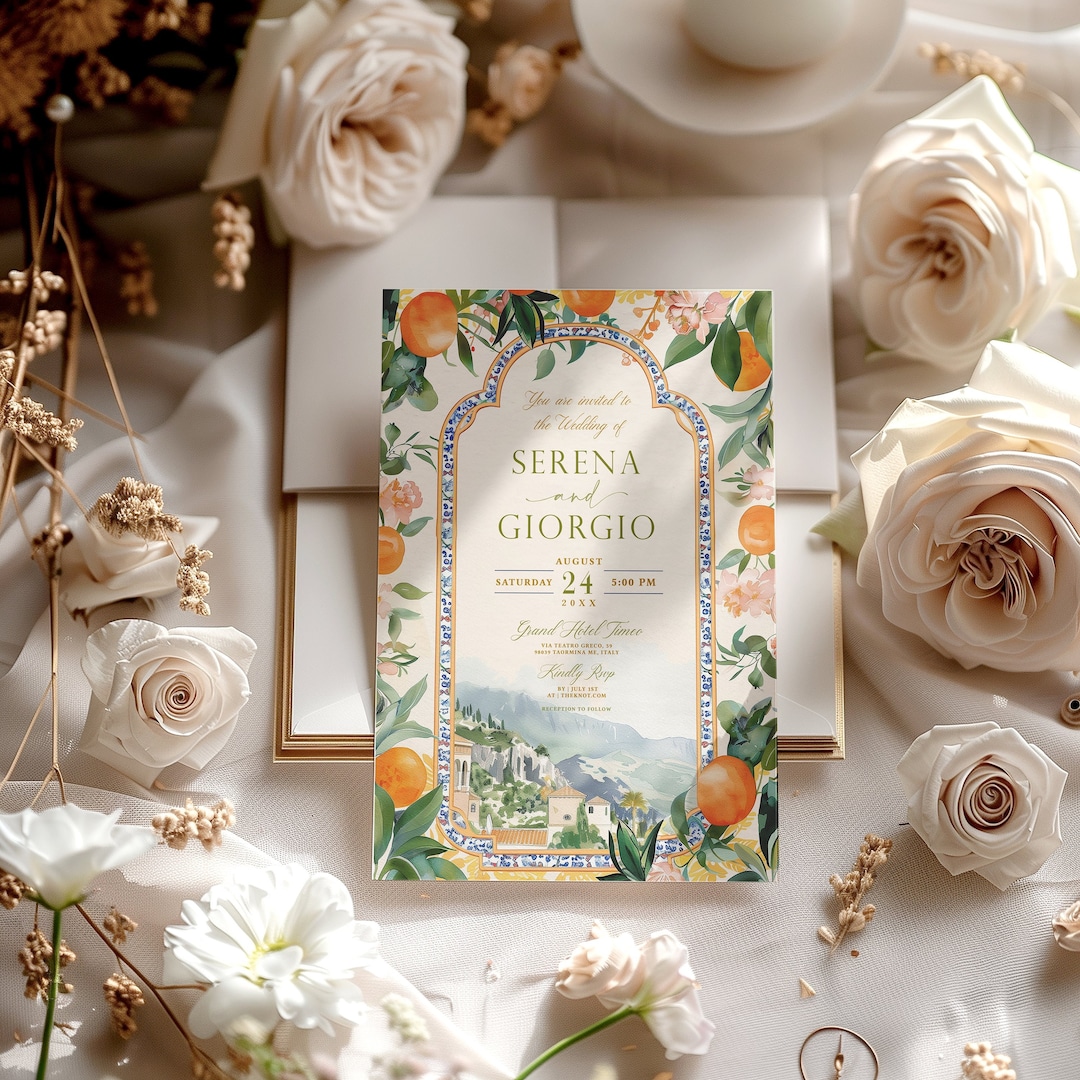 Italian Taormina Sicily Wedding Invitation Design, Custom Italy Arch ...
