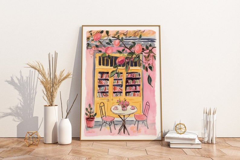 Pink Cafe Bookshop DIGITAL Printable Bookworm Wall Art, Bookshop Print ...