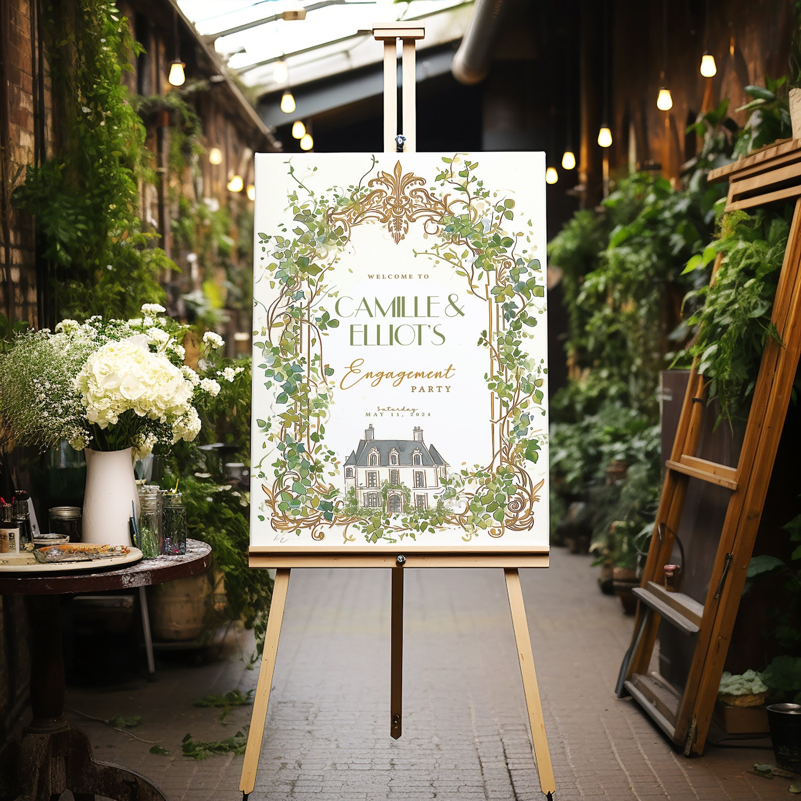 French Chateau Wedding Welcome Sign: Watercolor Engagement Party ...