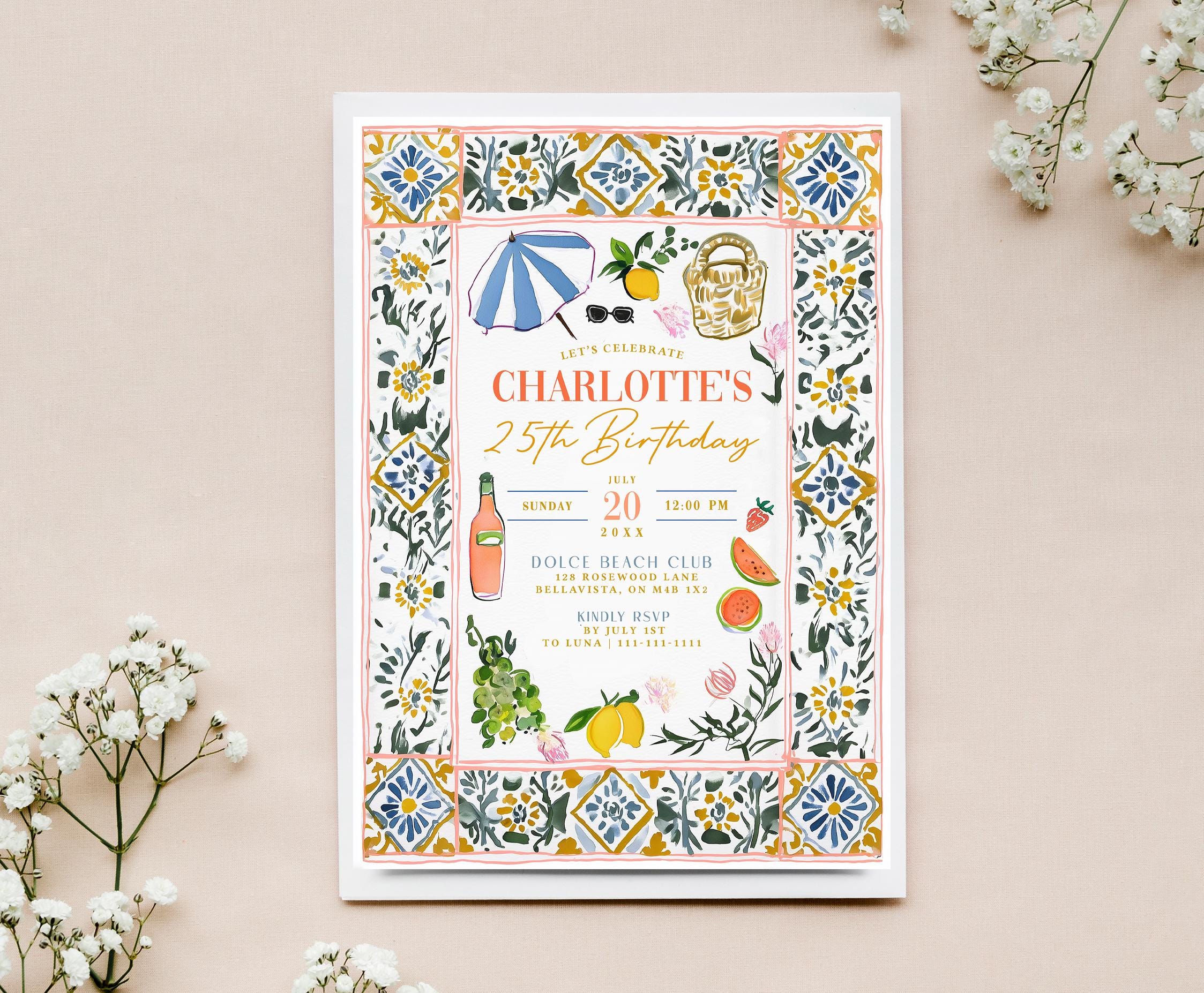 Italian Majolica Tiles Birthday Party Invitation: Lemon Beach Theme ...