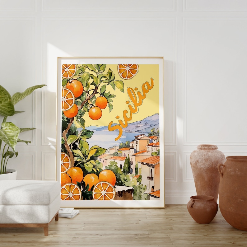 Sicily Italy Art Print: Retro Oranges, Taormina Travel Poster - Etsy