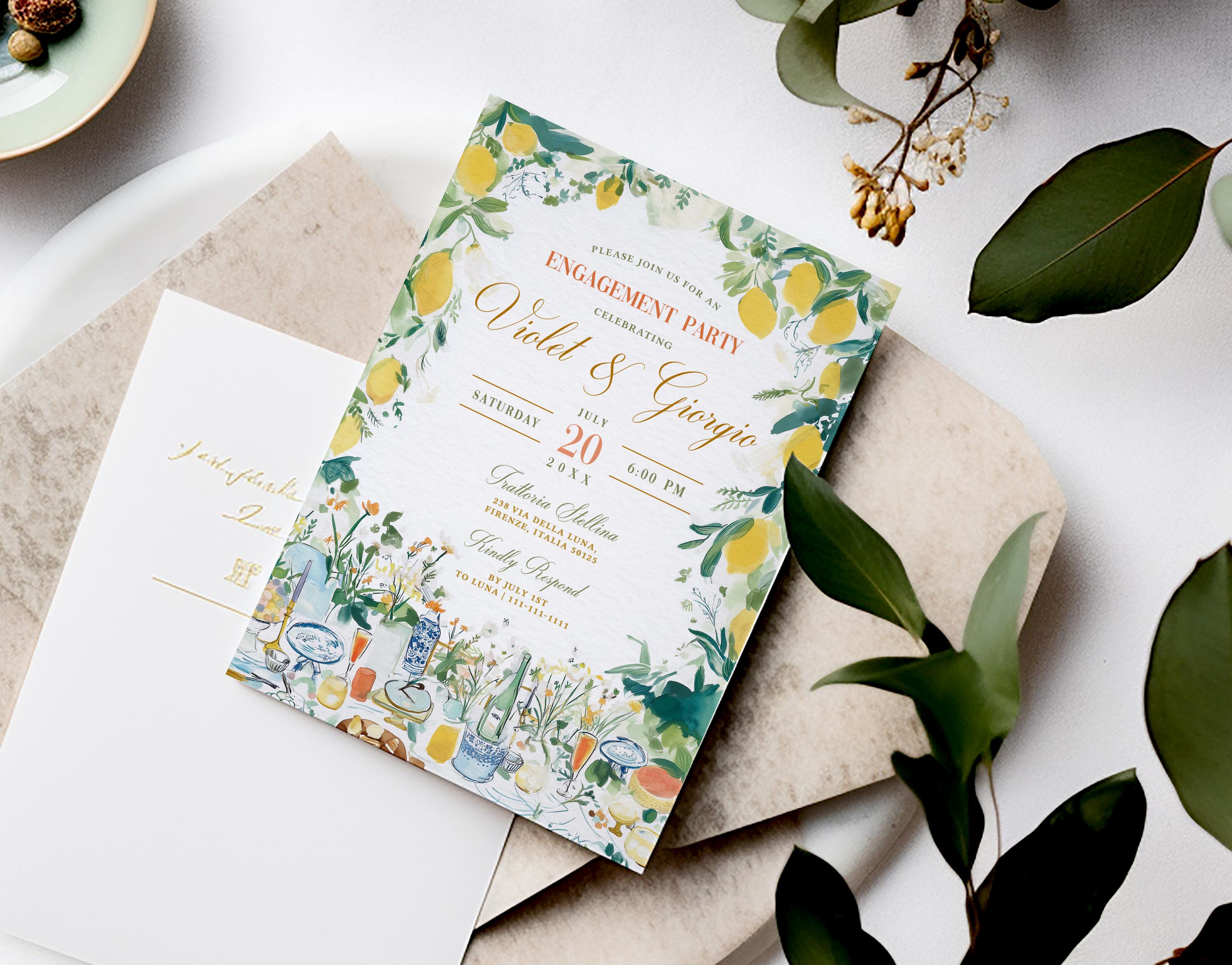 Italian Lemon Engagement Party Invitation: Painted Dinner Table ...