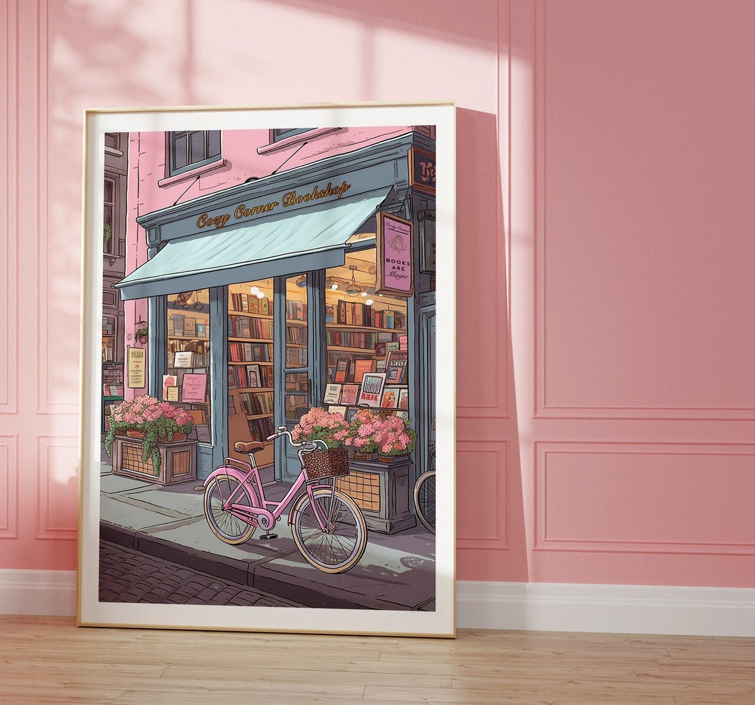 Pink Whimsical Bookshop Digital Illustration, Bookworm Wall Art ...