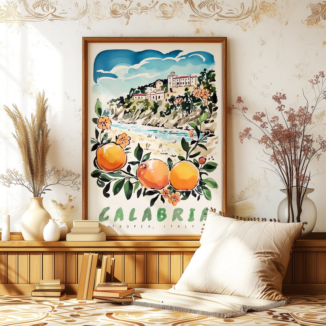 Calabria Italy Rolled Poster, Colorful Tropea Beach Calabria Painting ...