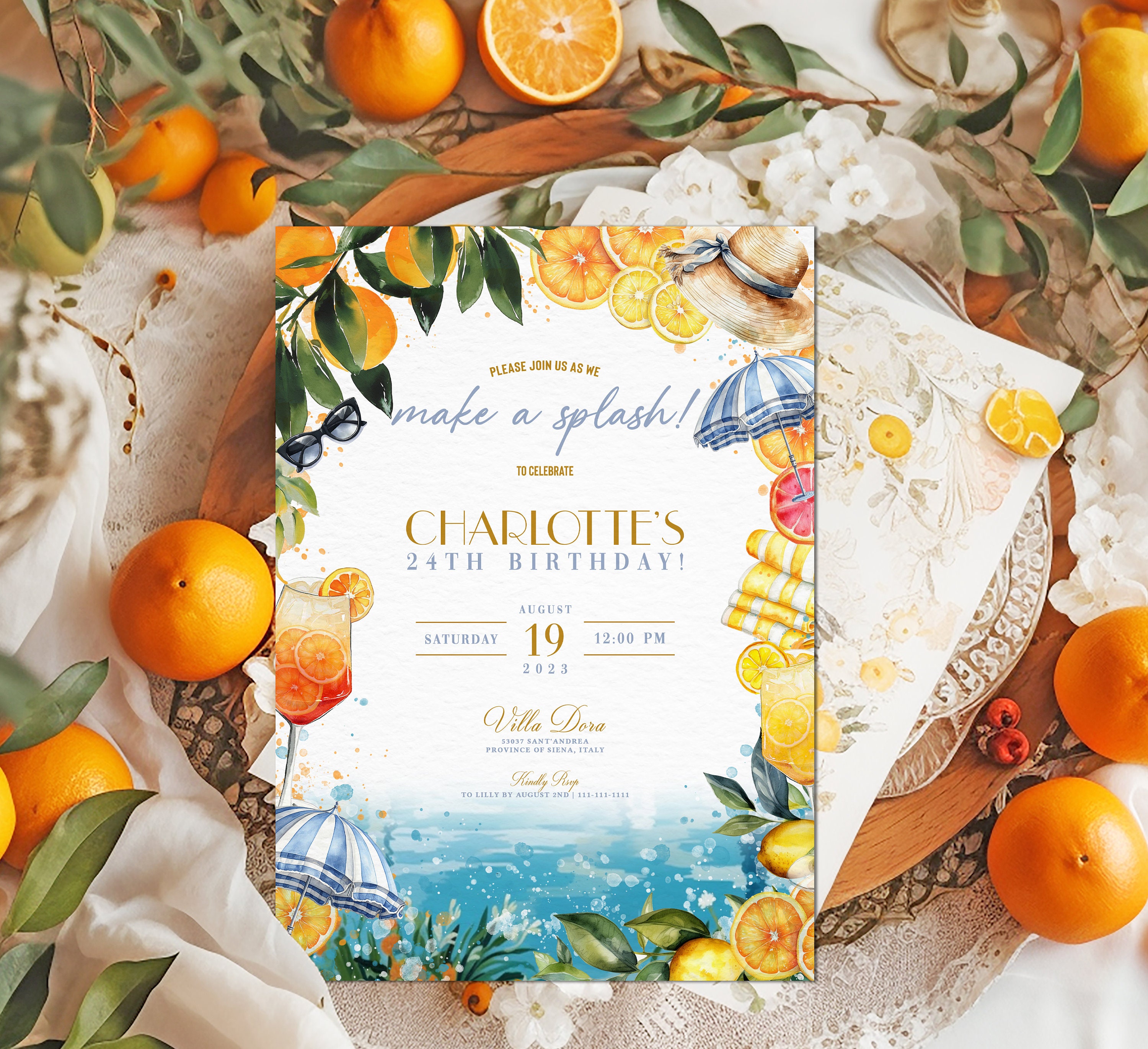 Italian Style Pool Party Invite Birthday Pool Party Spritz - Etsy