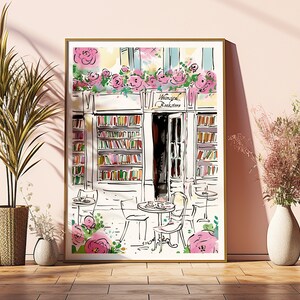 Pink Roses Cafe Bookshop Rolled Poster Wall Art, Hand Drawn Bookshop ...