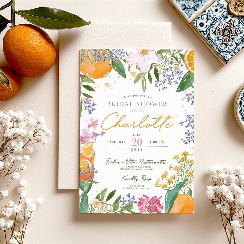 Italian Spritz Bridal Shower Invitation: Watercolor Orange Floral ...