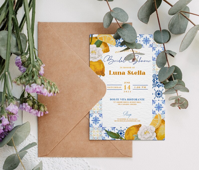 Italian Lemon Bridal Shower Invitation: Blue Tile Positano Theme ...