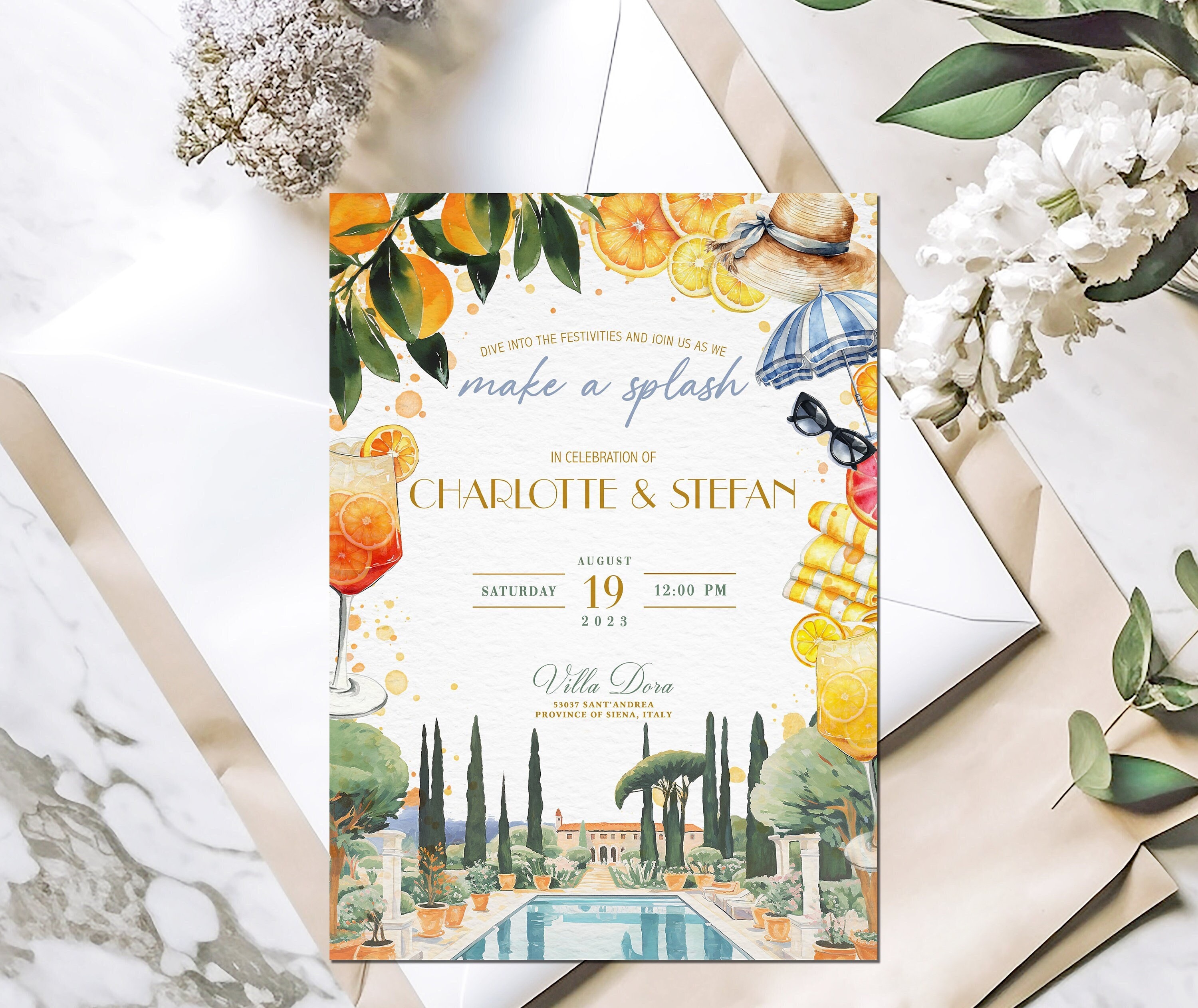 Tuscan Wedding Pool Party Invitation: Italian Spritz Design (digital ...