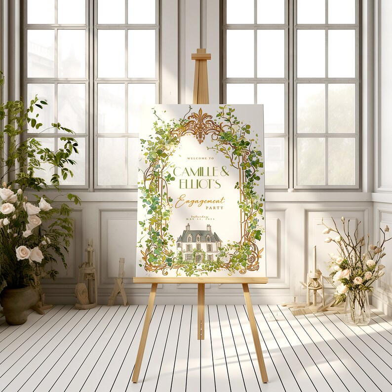 French Chateau Wedding Welcome Sign: Watercolor Engagement Party ...
