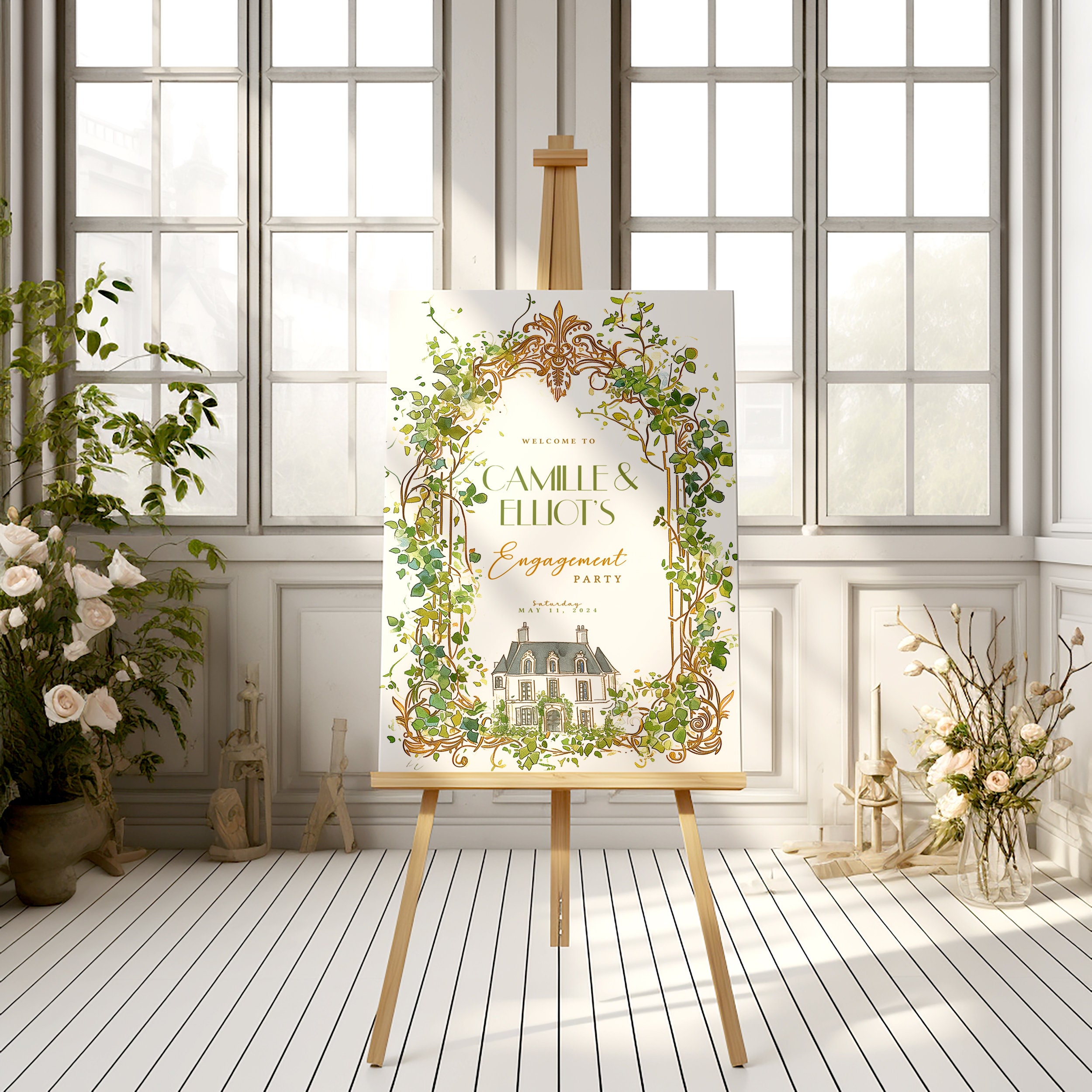 French Chateau Wedding Welcome Sign: Watercolor Engagement Party ...