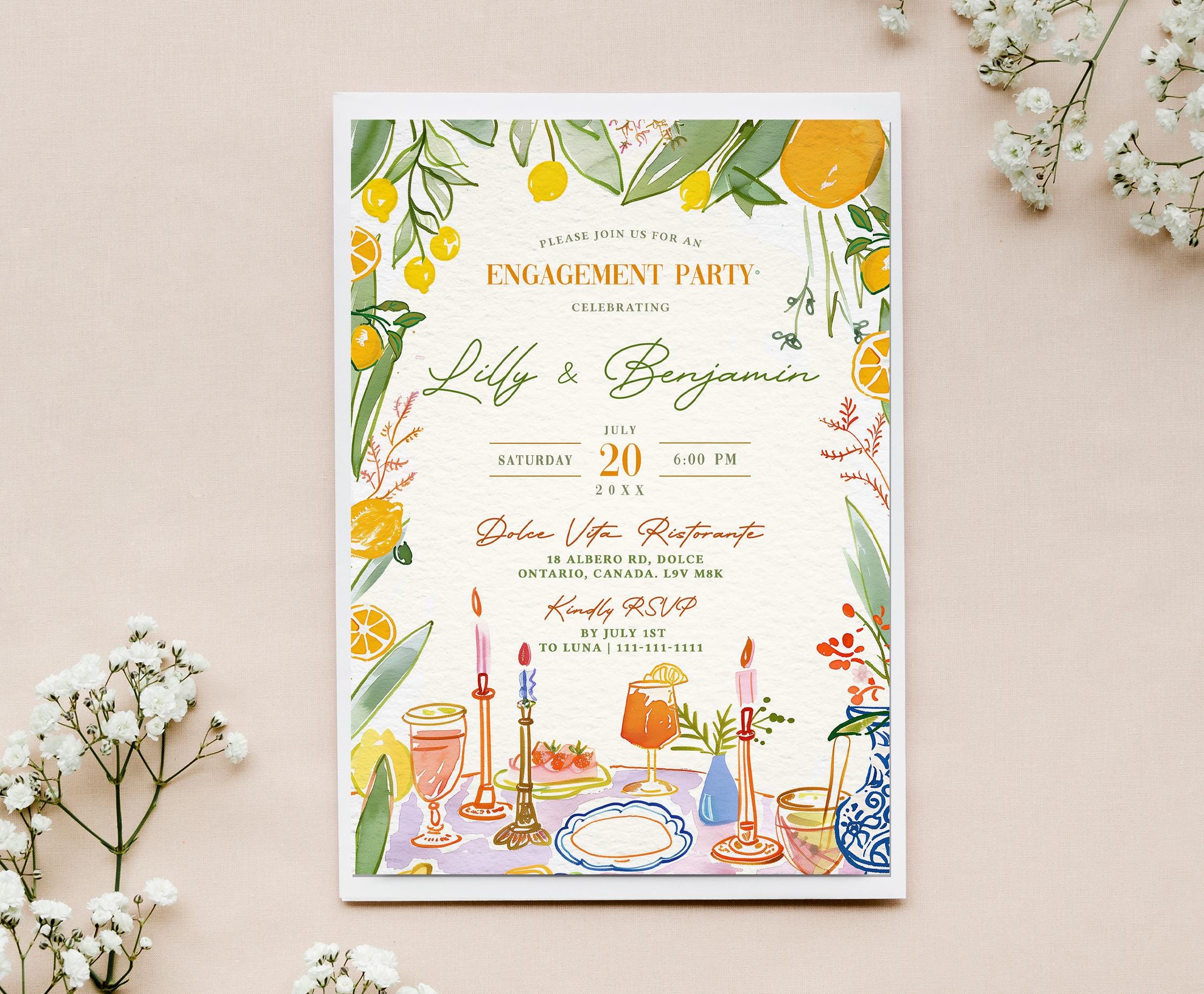 Italian Lemon Engagement Party Invite: Hand-drawn Spritz Theme (digital ...
