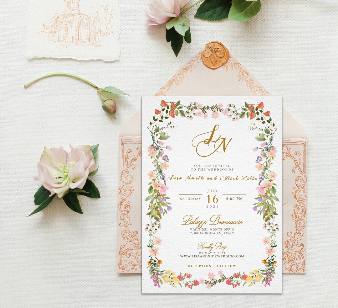 Vintage Wildflower Frame Wedding Invitation Design, Custom Wedding ...
