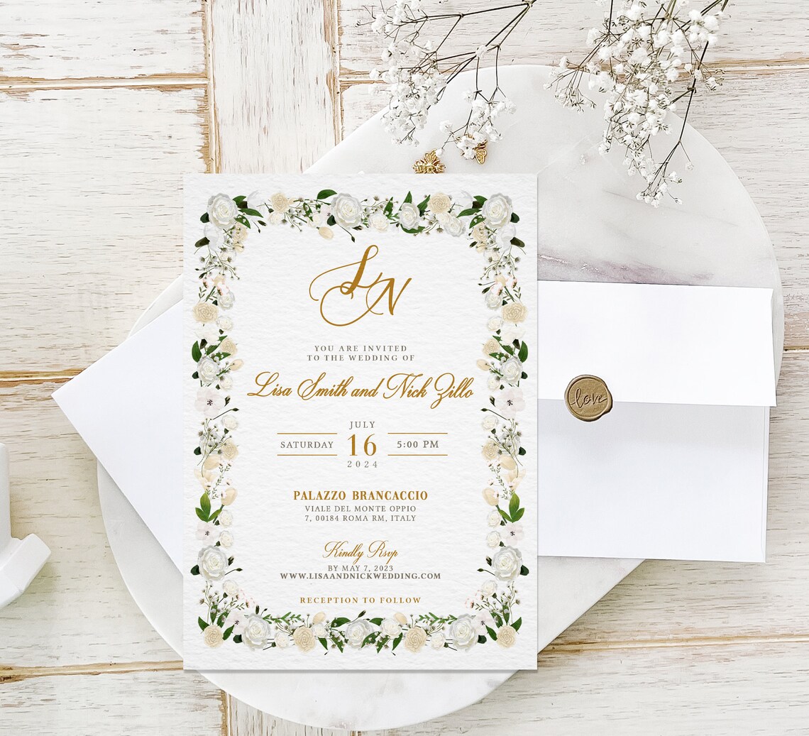 White Flower Frame Wedding Invitation Design Custom Wedding - Etsy