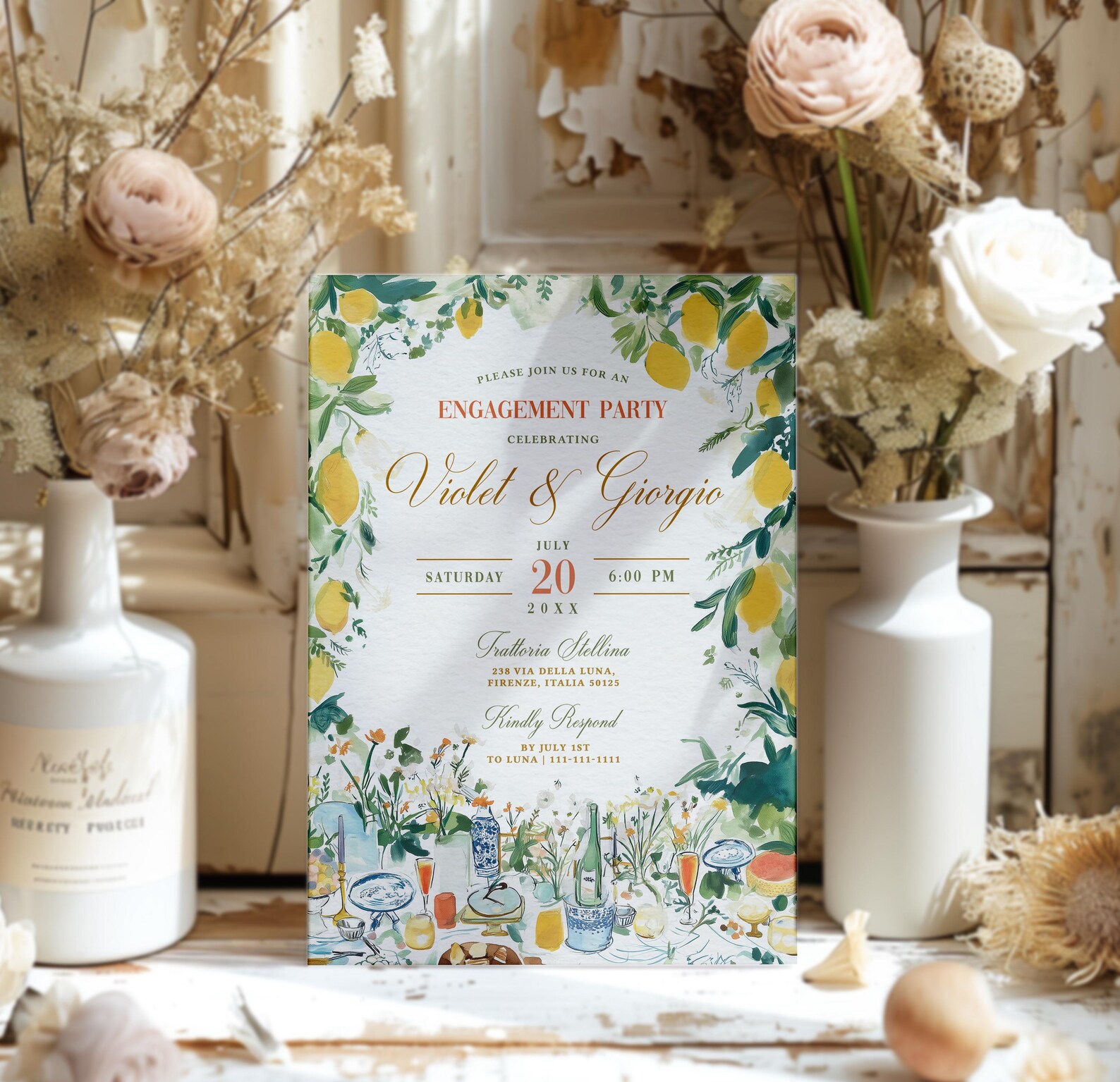 Italian Lemon Engagement Party Invitation: Painted Dinner Table ...