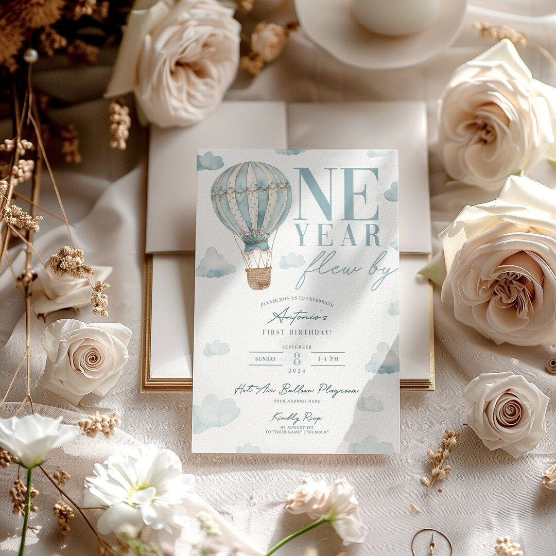 Painted Watercolor First Birthday Hot Air Balloon Invitation, Boy's ...