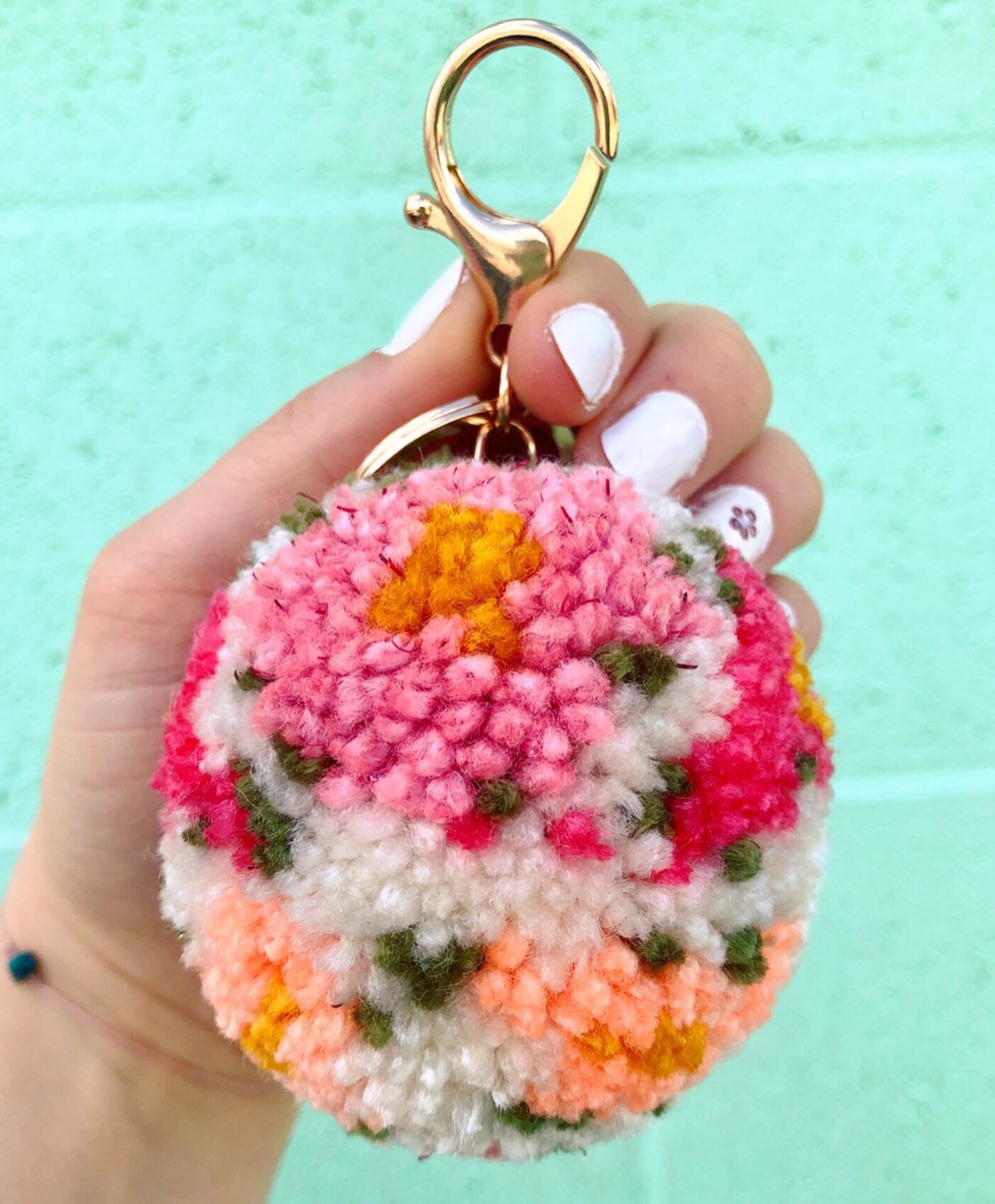 Floral Pom Pom Keychain Two Sizes Customizable Bulk Pom - Etsy