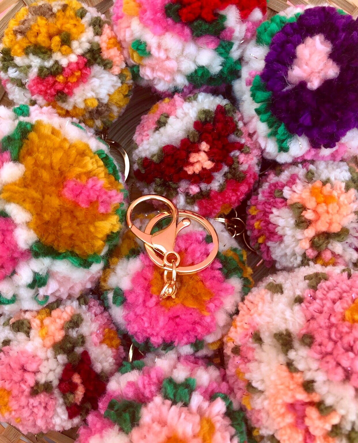 Floral Pom Pom Keychain Two Sizes Customizable Bulk Pom - Etsy
