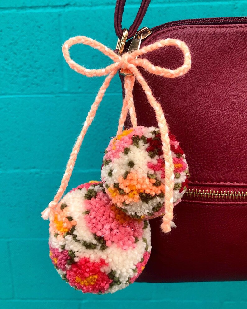 Floral Pom Pom Keychain Two Sizes Customizable Bulk Pom - Etsy