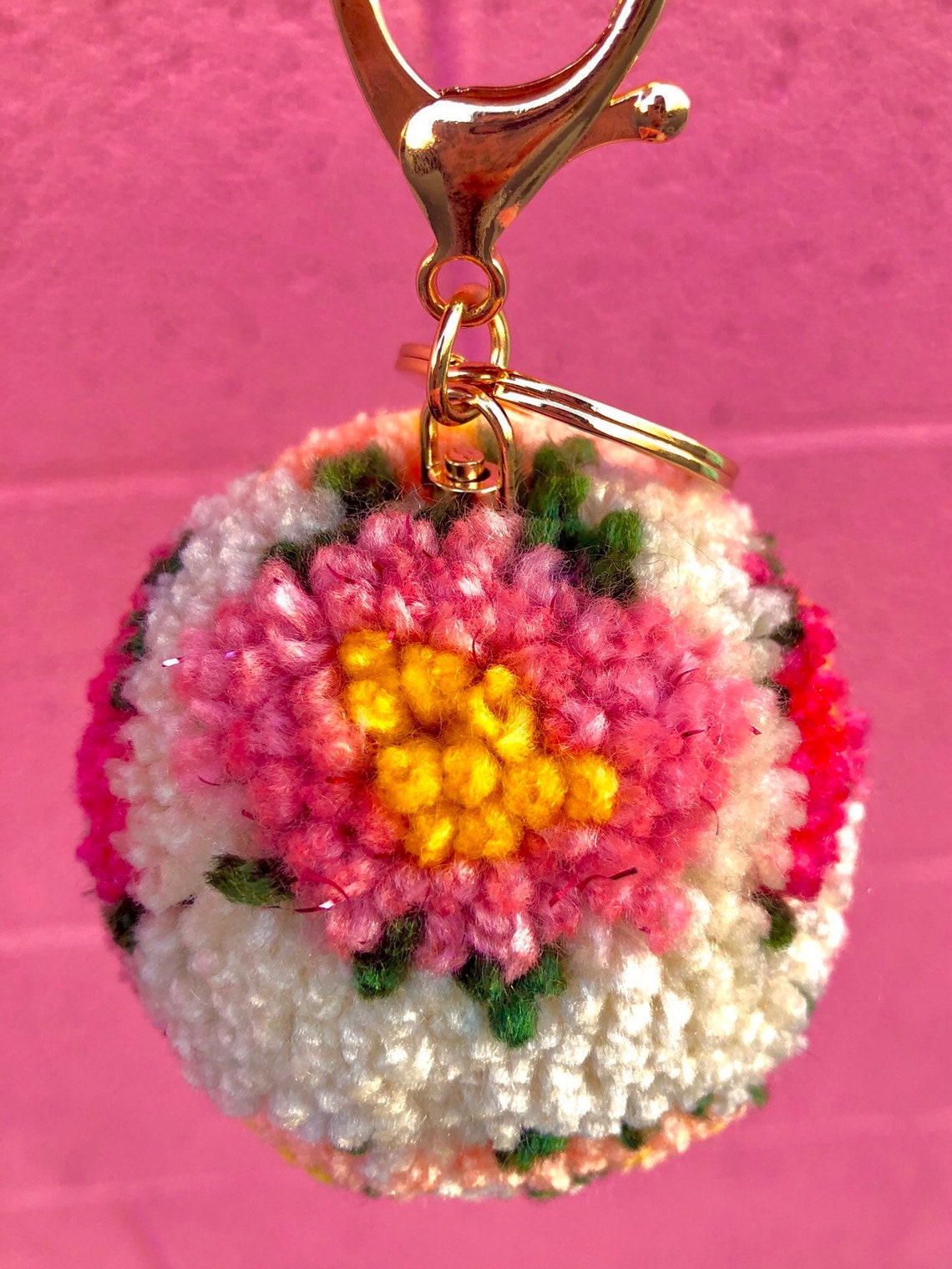 Floral Pom Pom Keychain Two Sizes Customizable Bulk Pom - Etsy