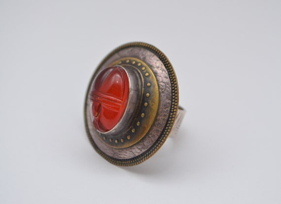 Vintage Tabra Signed Amber Scarab Sterling Silver Ring - Gem