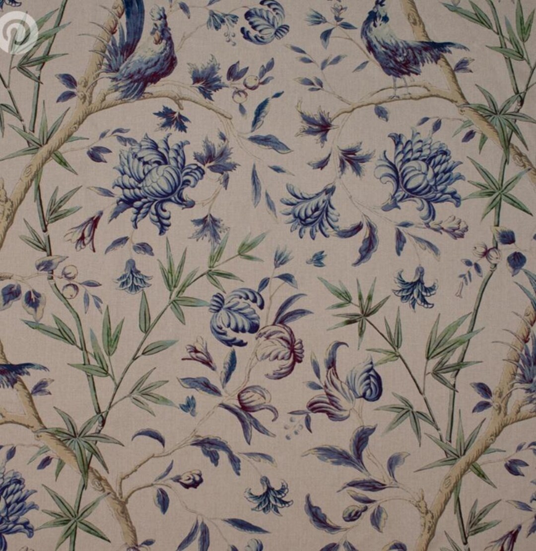 Blue Linen Upholstery Fabric - Navy Floral Linen Fabric - Bird Print ...