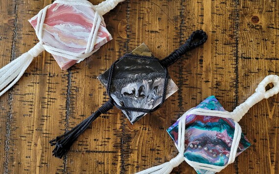 Mixed Media Mini Painting Macrame Home Decor Fluid Art | Etsy
