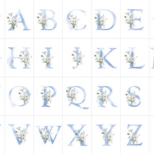 Blue Floral Watercolor Monogram Letter Giclée Print 8"x10" 11"x14" and ...