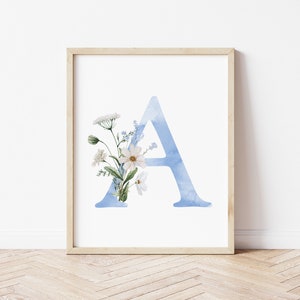 Blue Floral Watercolor Monogram Letter Giclée Print 8"x10" 11"x14" and ...