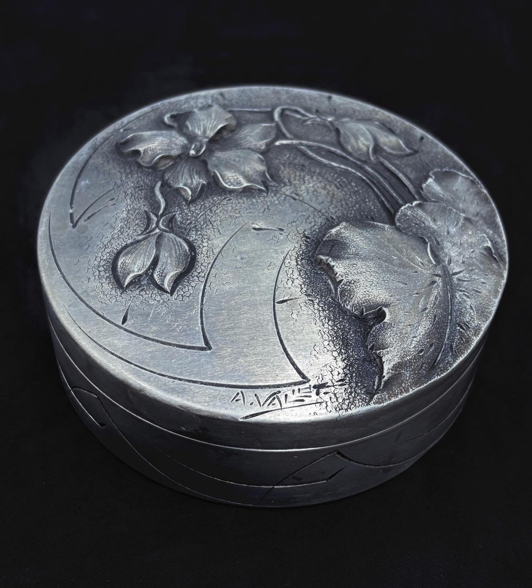 Art Nouveau Round Box Art and Crafts Signed A. Vallat Embossed Metal ...