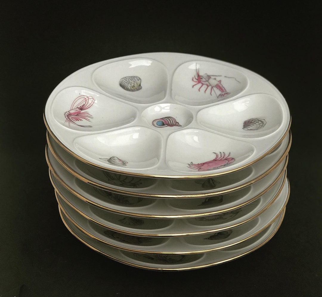 Limoges Porcelain Oyster Plate Set: French Seafood Dinnerware, Gold Rim ...