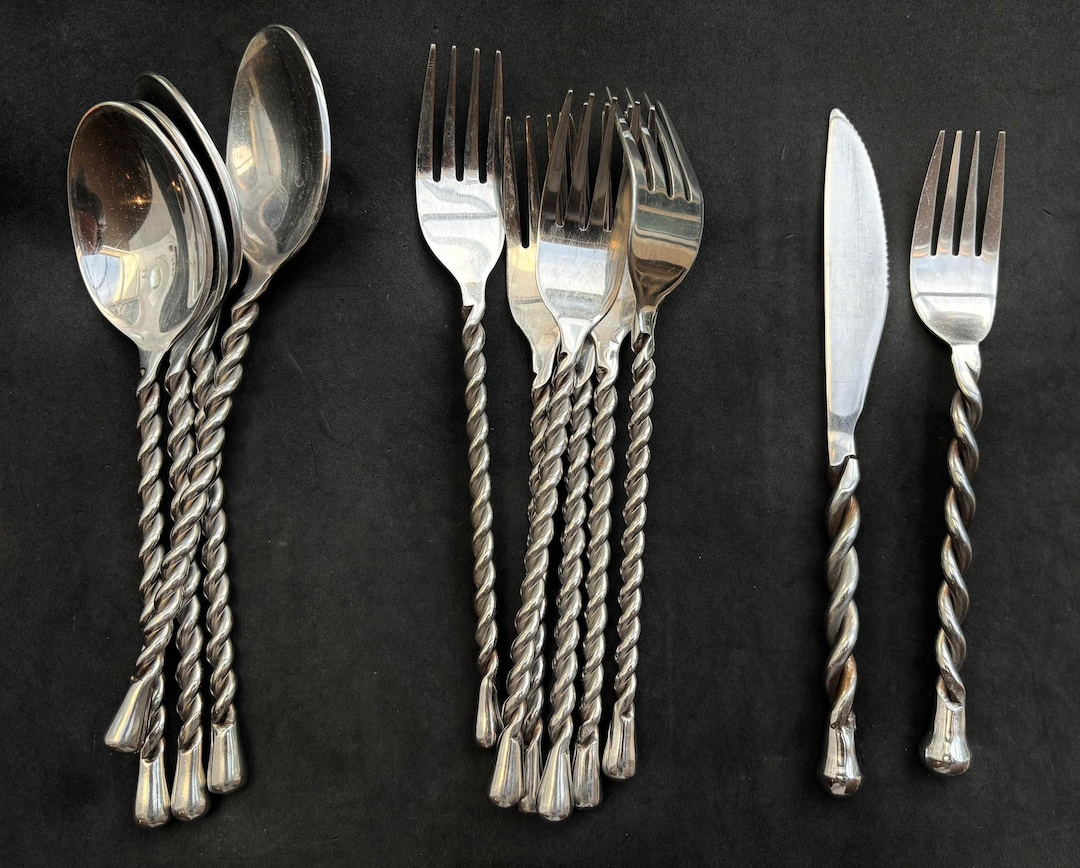 Set of 12 Flatware Forged Cutlery French Spare Twisted Brutalist Decor ...