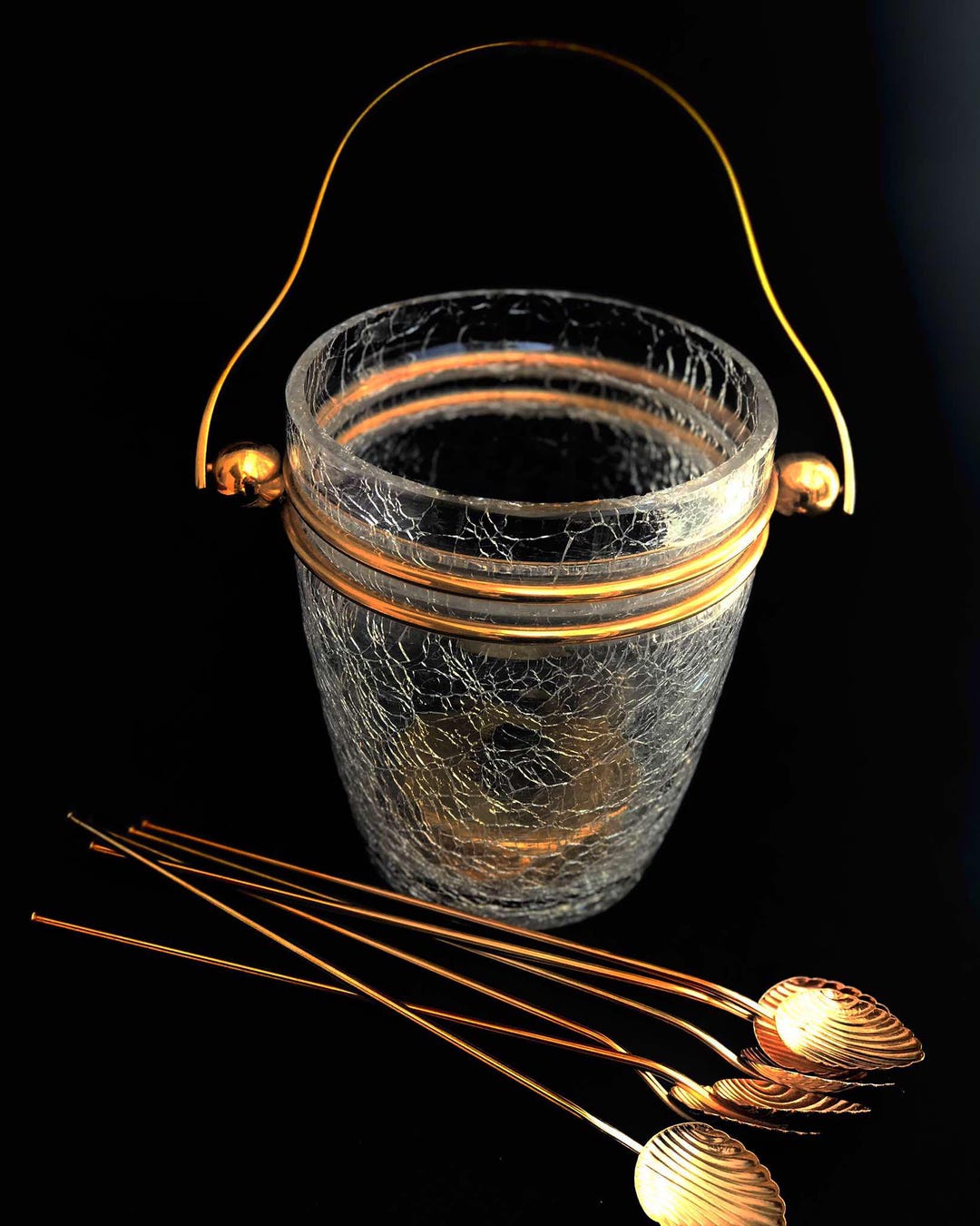 Vintage Crackled Glass Ice Bucket With Gold Spoons: Mid Century Bar ...