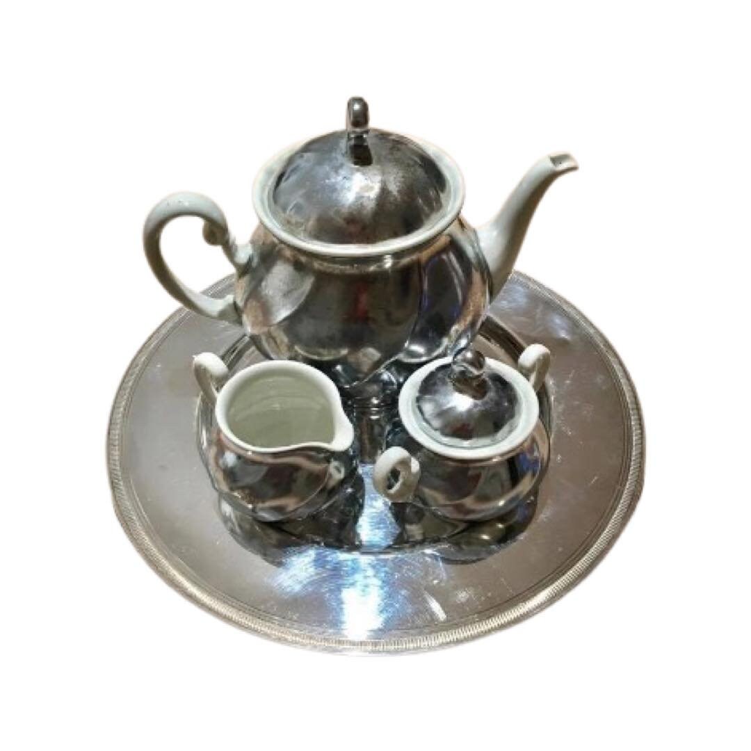 Vintage Demeyere Tea Set: Belgian Silvinox Teapot, Creamer & Sugar Bowl ...