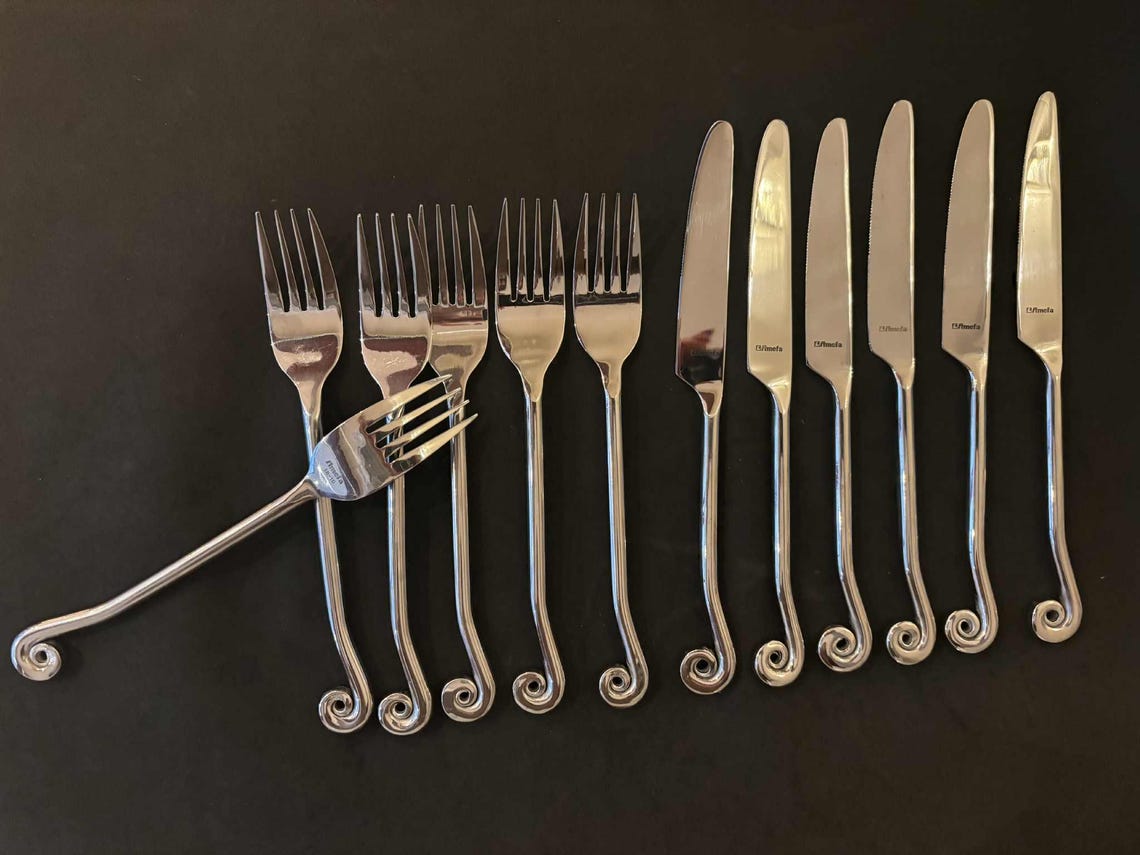 Twisted Stainless Steel Flatware Set: Amefa France, Brutalist Medieval ...