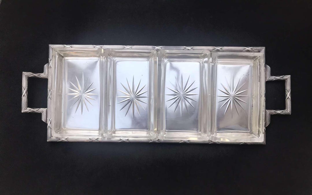 Antique Silver Plated Serving Tray: German Crystal Appetizer Dish ...